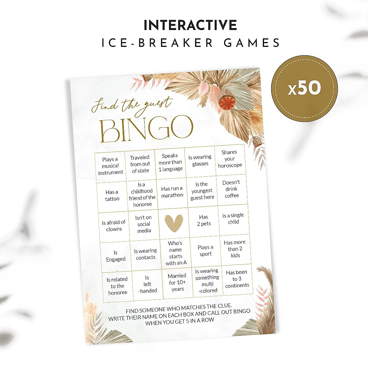 Printperie Pampas Grass Baby Shower Games for 50 Guests, 6 Games Double-Sided Cards, Boho Gender Neutral for Boys or Girls