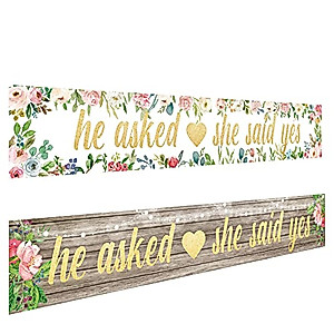 He Asked She Said Yes Backdrop Banner Decorations, Large Wedding Engagement Party Sign Supplies, Bridal Shower Photo Booth Props Decor (9.8x1.6ft, 2pcs)