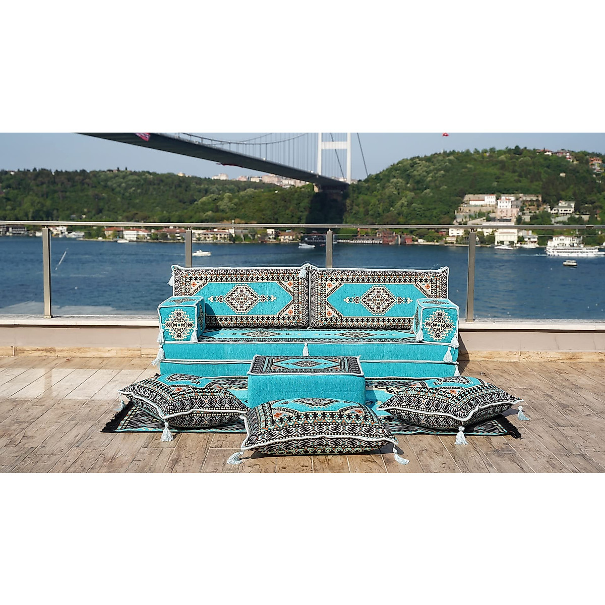 Turquoise Turkish Floor Sofas, 8" Thickness Floor Couch, Reading Sofa Pillow, Window Seat, Bench cushion, Meditation Yoga Loveseat, Healing Room Floor Cushion, Sofa Covers (Sofa Full Set)