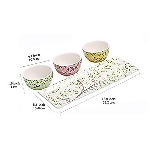 Bico Bird On Tree Ceramic Dipping Bowl Set (9oz bowls with 14 inch platter), for Sauce, Nachos, Snacks, Microwave & Dishwasher Safe