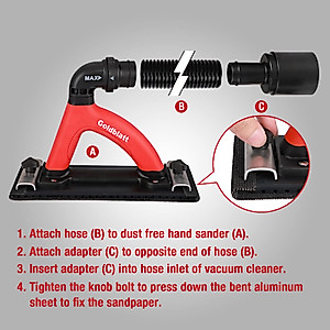Goldblatt Dust Free Hand Sander, Dustless Drywall Vacuum Sander, with 6.5 ft Hose, Sanding Pad, Adapter