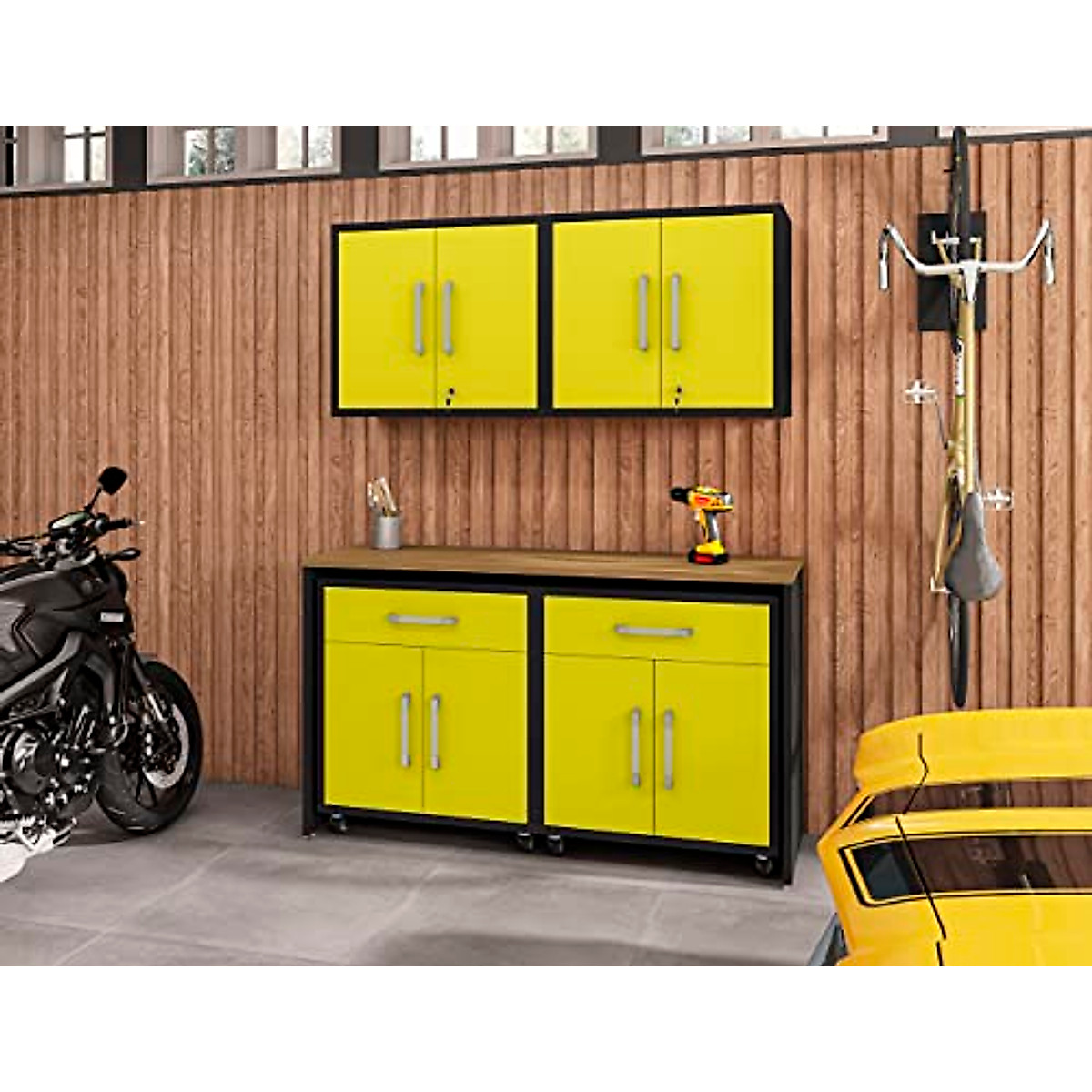 Manhattan Comfort Eiffel 5-Piece Garage Storage Set in Matte Black and Yellow