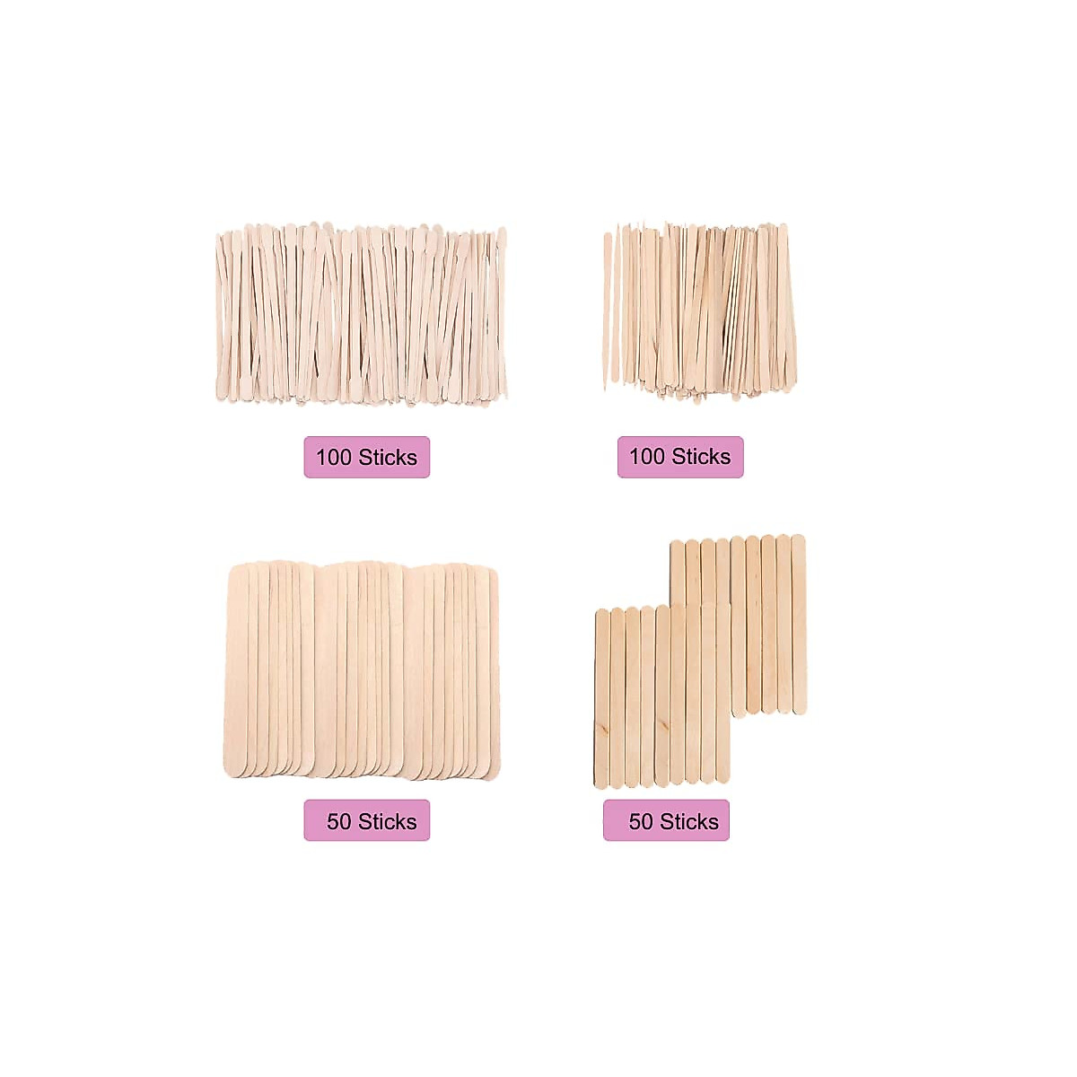Mibly 4 Style 300 Pcs Assorted Wooden Wax Sticks for Body Legs Face and Small Medium Large Sizes Eyebrow Waxing Applicator Spatulas for Hair Removal or Wood Craft Sticks