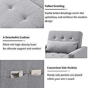 Setawix Convertible Chair Bed 3-in-1, Multi-Functional Sleeper Sofa Chair with Adjustable Backrest, Single Sofa Chair with Side Pocket and Pull Out Bed, Folding Recliner Chair (Linen, Grey)