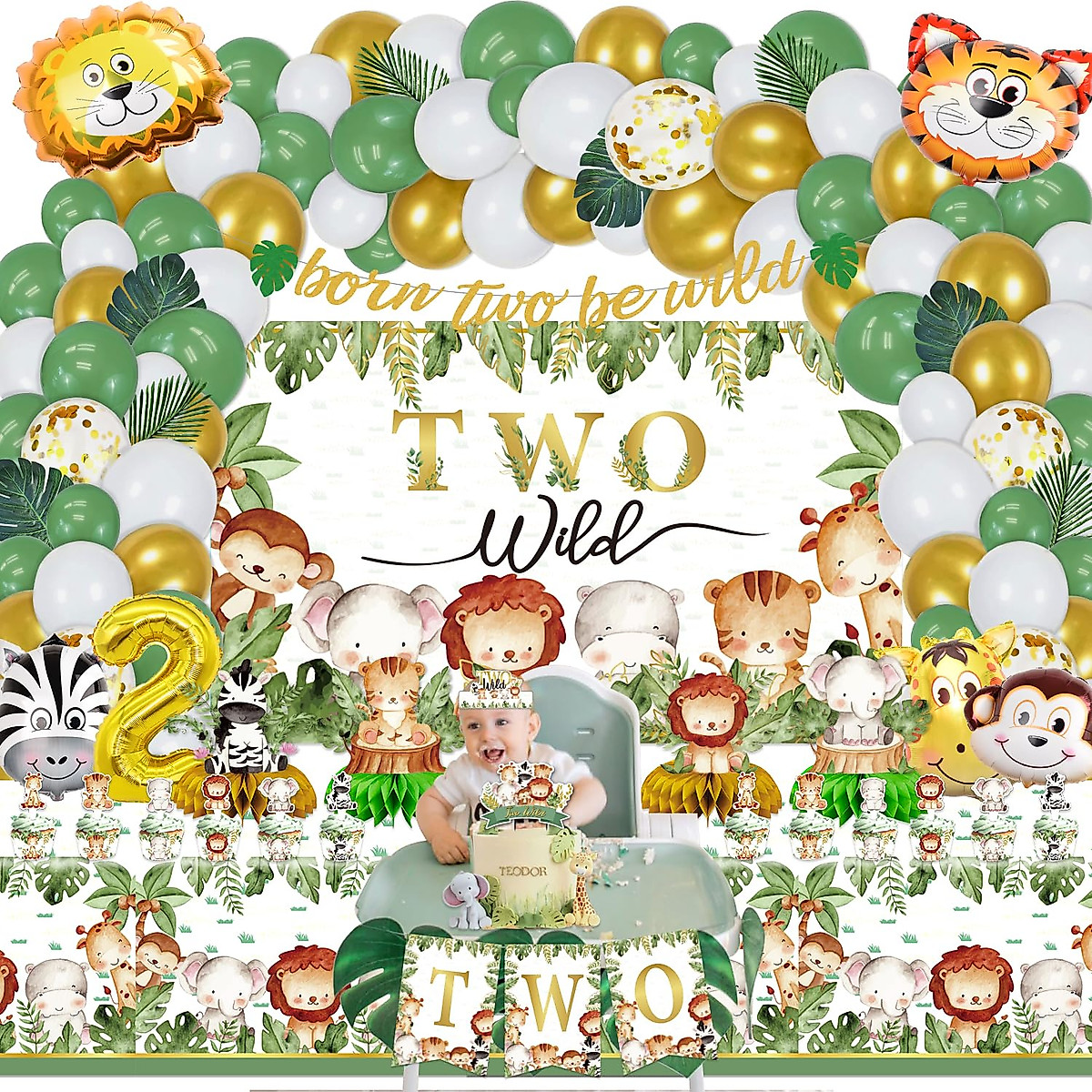 Two wild Birthday Decorations for Boys Girls, 159 Pcs Jungle Safari Theme Party Supplies for Baby - Two wild Backdrop, Cake, Cupcake Toppers, Cupcakes Wrappers, Balloons, Tablecloth, Palm Leaves,