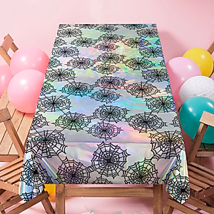 Cheerland Halloween Tablecloth Iridescent Spiderweb Holographic Disposable Foil Table Cover for Birthday Bachelorette Halloween Party Supplies - Pack of 2