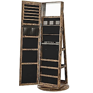 SONGMICS 360° Swivel Jewelry Cabinet, Lockable Jewelry Organizer with Full-Length Mirror, Rear Storage Shelves, Built-in Small Mirror, Jewelry Armoire, for Women, Rustic Brown UJJC006X01