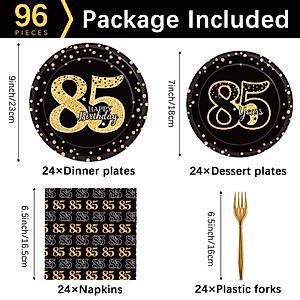 96 Pcs 85th Birthday Party Supplies 85th Birthday Tableware Plates Cheers to 85 Years Table Decorations Dinnerware Happy 85th Birthday Party Favor for Men Woman Eighty-five Years Birthday 24 Guests