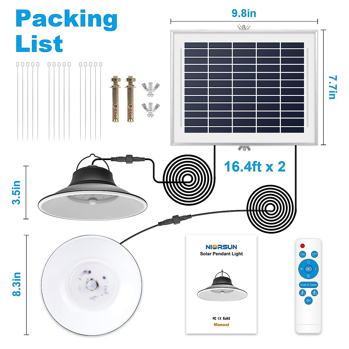 NIORSUN Solar Pendant Light, Upgraded Motion Sensor Light Outdoor Solar Lights Indoor Dimmable with Remote 3000K/4500K/6000K, 2x16.4ft Cable IP65 Waterproof for Shed, Barn, Gazebo, Patio(2 Pack)