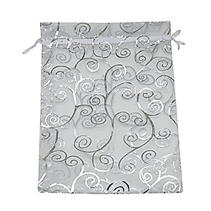 SUNGULF 100pcs Organza Pouch Bag Drawstring 4x6 10x15cm Strong Gift Candy Bag Jewelry Party Wedding Favor (White with Silver)