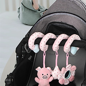 Ymeibe Baby Car Seat Toys, Infant Activity Spiral Plush Toys Hanging Stroller Toys for Baby Girl and Boy with Musical Sheep Rattles with Distorting Mirror (Pink Pig)