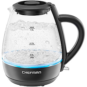 Chefman 1L Electric Tea Kettle with LED Lights, Automatic Shut Off, Removable Lid, Boil-Dry Protection, Hot Water Electric Kettle Water Boiler, Electric Kettles for Boiling Water