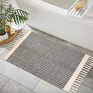 Lahome Boho Bathroom Rugs, Small 2x3 Entry Rug Washable Front Door Bath Mat Woven Cotton Area Rug with Tassels, Farmhouse Non Shedding Lightweight Grey Throw Rug Low Pile Carpet for Kitchen