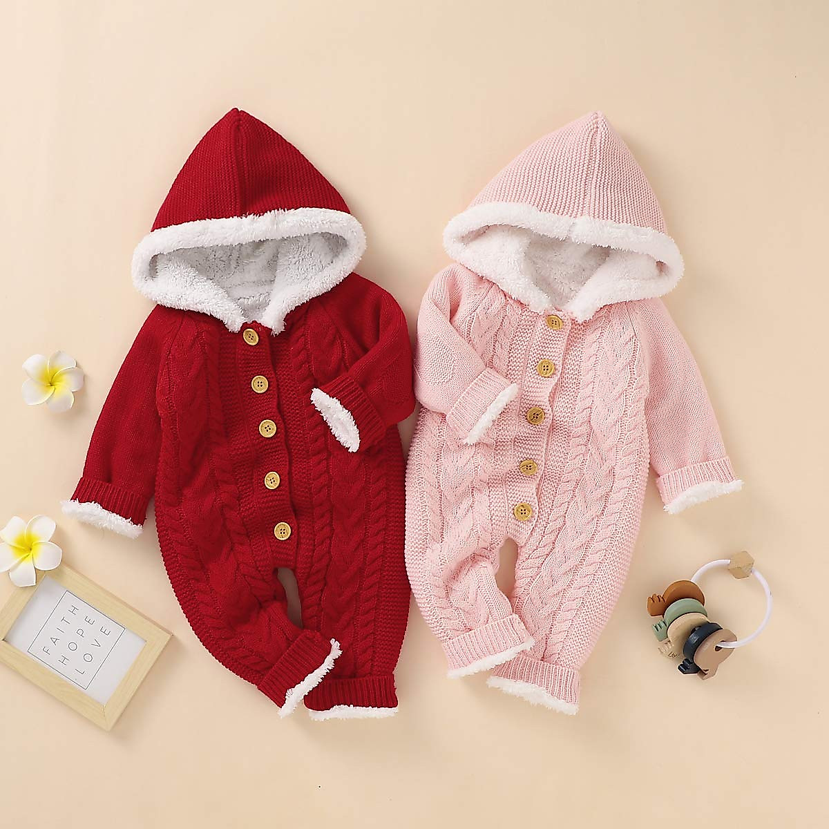 Camidy Baby Hooded Jumpsuit,Toddler Knitted Romper Cotton Long Sleeve One-Piece Coveralls
