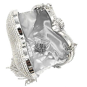 UMREN Women Luxury Heart Shape Tassel Evening Clutch Bag Rhinestones Wedding Party Purse Handbag Silver 1