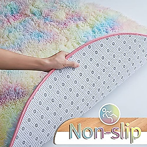 GKLUCKIN Soft Round Rugs, Fluffy 4ft Circle Rugs Cute Shaggy Rainbow Circular Rugs for Kids Room Decor Comfy Furry Area Rugs Plush Fuzzy Nursery Rugs