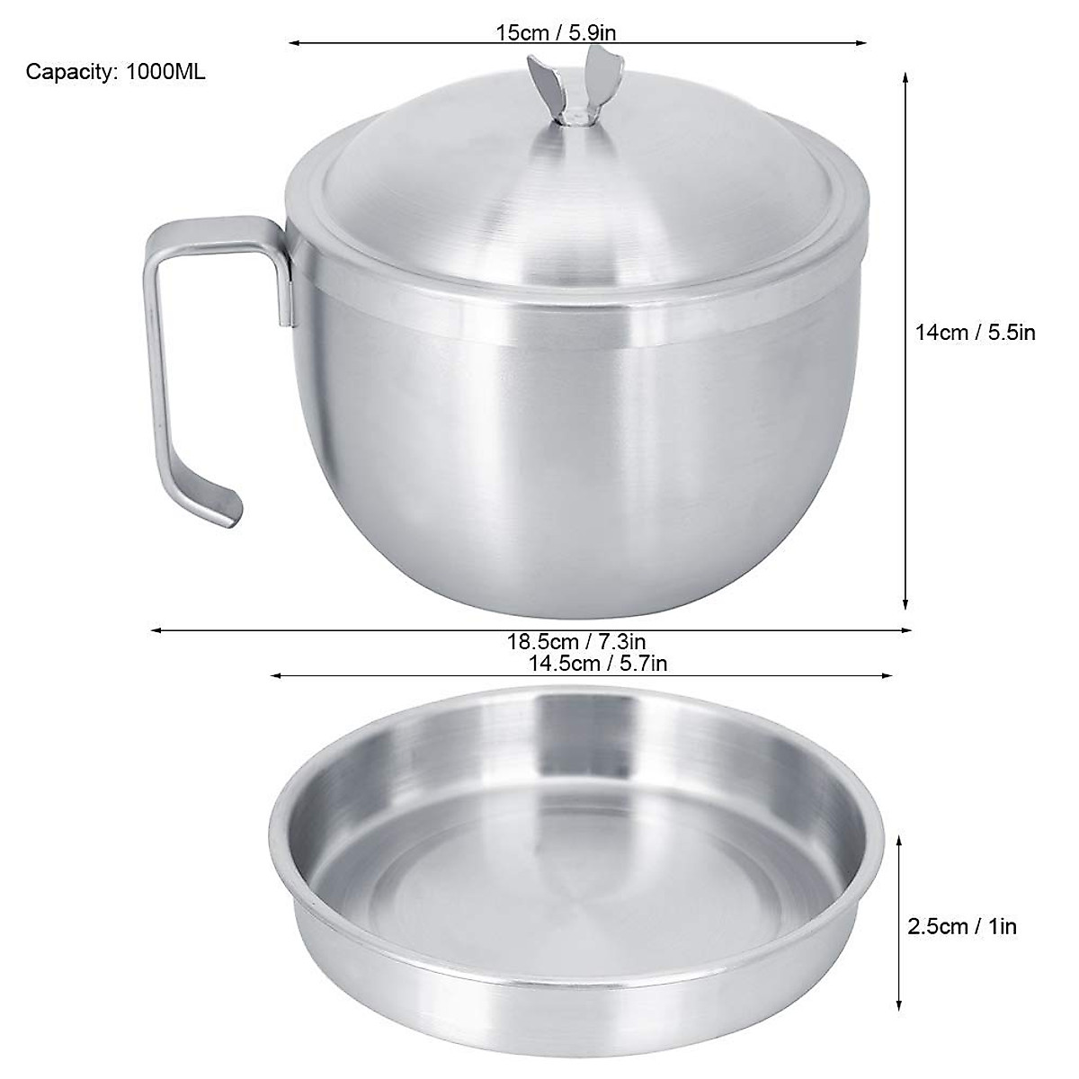 Stainless Steel Noodle Bowl With Dual-Used Cover and Wide Handle Double‑Layer Insulated Large Capacity Soup Bowls for Soup,Noodles,Gravies,Pasta,Milk Can Heat Directly 1000Ml Silver
