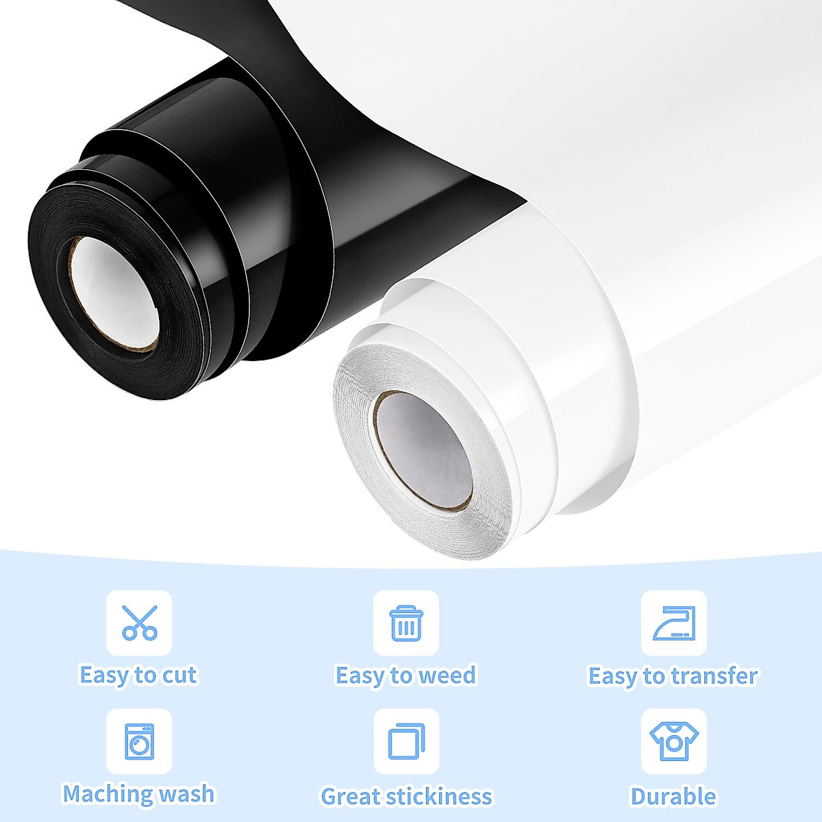 VinylRus Heat Transfer Vinyl-12” x 20ft Black and White Iron on Vinyl Roll for Shirts, HTV Vinyl for Silhouette Cameo, Cricut, Easy to Cut & Weed