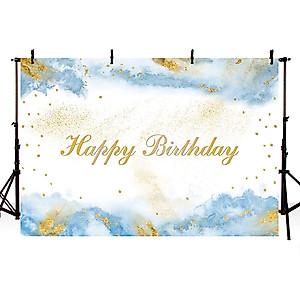 MEHOFOND 7x5ft Happy Birthday Backdrop Boys 1st Birthday Party Decorations Light Blue Watercolor Clouds Photography Background Gold Glitter Pastel Rainbow Bday Banner Cake Smash Table Supplies
