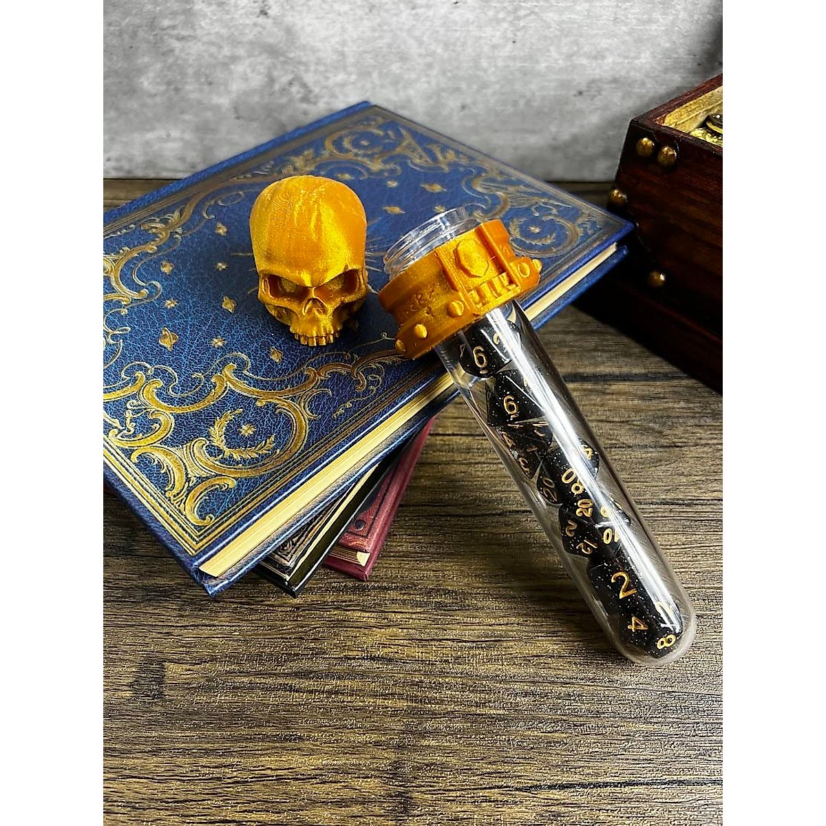 MunnyGrubbers - Skull Potion Vial Dice Holder - (Random 7PCS D20 Dice Set Included) - Dice Storage and Display - Tabletop RPG - Dungeons and Dragons - DND - D&D - (Silver)
