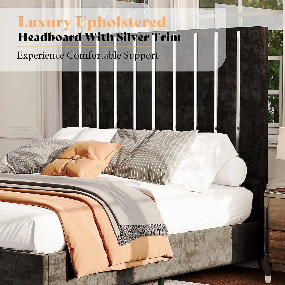 AMERLIFE King Bed Frame with 58" Tall Headboard, Silver Mirror-Plated Trim Platform Bed with Velvet Upholstered, Modern and Luxury Bed, No Box Spring Needed, Black