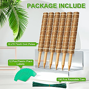 [6 Pack] 94'' Moss Pole, Moss Pole for Plants Monstera, Plant Support Stakes for Indoor Climbing Plants, Monstera Stakes Coco Coir Pole for Potted Plants with 12 Pcs Plant Labels and 100 Pcs Ties