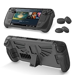 Hrusitoo Steam Deck Case with Stand, Kickstand TPU Accessories Protector Case for Valve Steam Deck Console, Steam Deck Protective Cover Skin Shell with 2 Pairs Silicone Thumb Grips Caps-Black