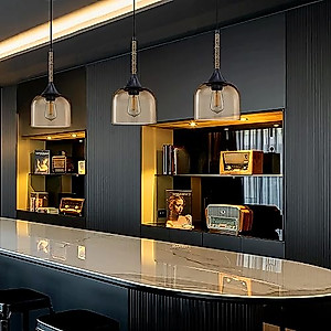 Dolaimi House 1 Light Indoor Hanging Kitchen Island 6.1" Clear Amber Glass Paper Rope Pendant Light Fixtures Black Finish Modern Farmhouse Dinning Room Living Room Over Sink