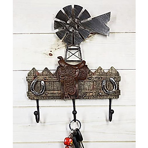 Ebros Gift Rustic Western Agricultural Windmill with Cowboy Barn Horseshoes and Saddle 3 Peg Hook Coat Key Hat Leash Backpack Wall Hanging Hooks Country Farm Decorative Organizer