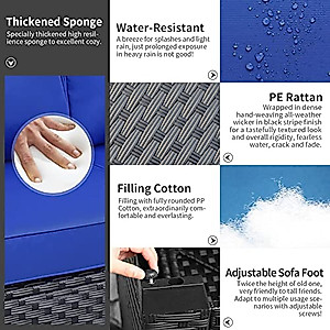 Outdoor Wicker Sofa Patio Rattan Garden Conversation Couch Furniture with Royal Blue Anti-Slip Cushions and Furniture Cover