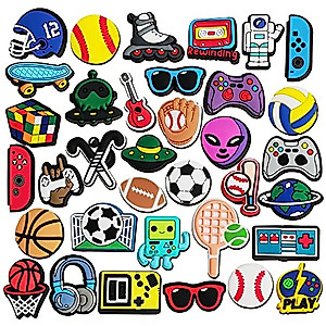 IOKUKI Croc Charms for Boys, 35 PCS Croc Charms for Teens, Basketball Football Soccer Volleyball Baseball Croc Charms, Video Game,Astronaut and Sports Croc Pins for Boys
