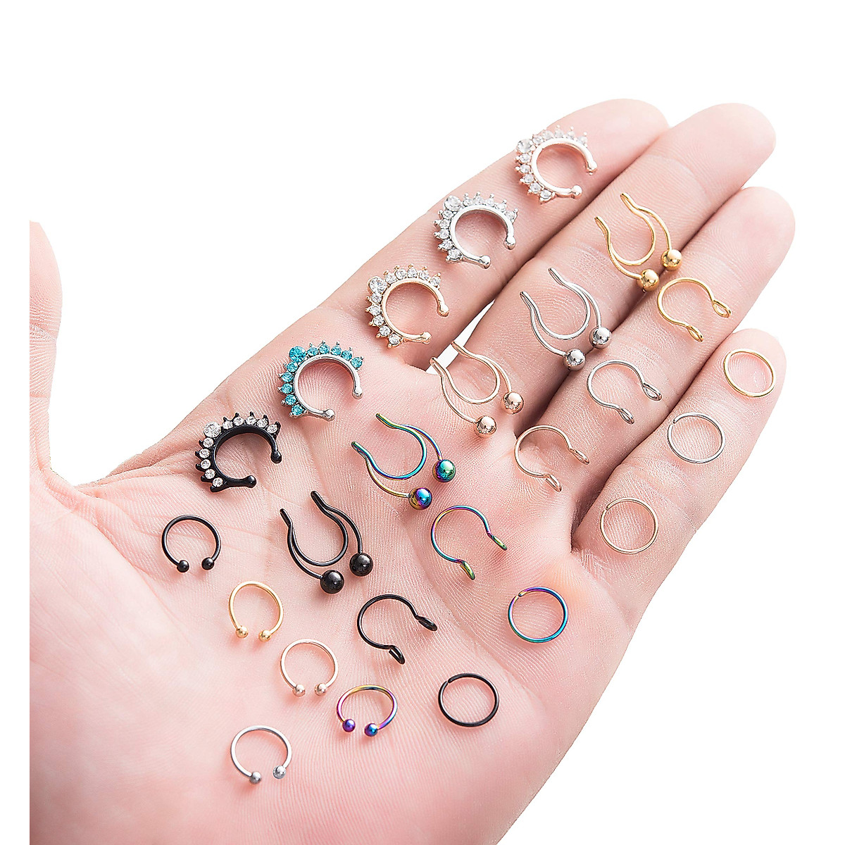 YOVORO 25Pcs Stainless Steel Fake Nose Ring Hoop for Men Women Faux Lip Ear Septum Ring Non-Pierced Body Jewelry XK