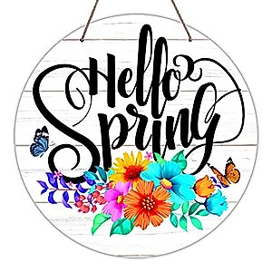 SICOHOME Hello Spring Door Sign Welcome Door Sign Round Decorative Wall Sign 11.5" Front Door Home Hanging Sign Spring Welcome Sign Front Door Decoration Gift for Front Door Signs Kitchen Living