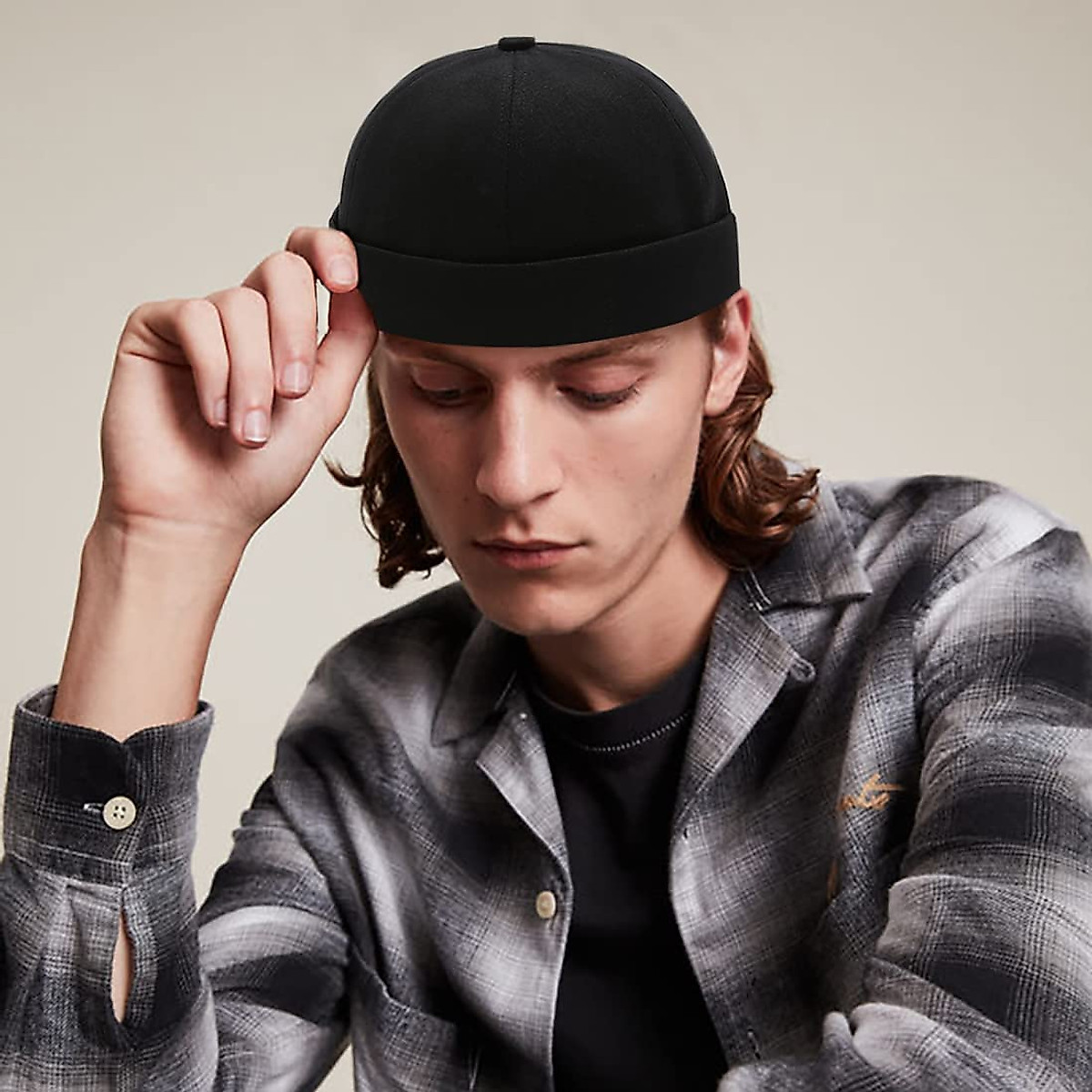 XYIYI Black Cotton Brimless Docker Cap Adjustable Street Casual Sailor Cap Skullcap Beanie Hat