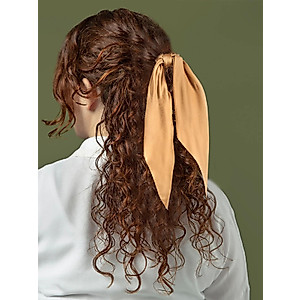 LFOUVRE 3PCS Hair Scarf Scruncheis for Women Knotted Bow Hair Ties Elastic Bands Satin Hair Ribbon Scrunchy Red Ponytail Holder for Women and Girls (Camel Apricot Ivory)