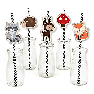 Big Dot of Happiness Woodland Creatures Paper Straw Decor - Baby Shower or Birthday Party Striped Decorative Straws - Set of 24