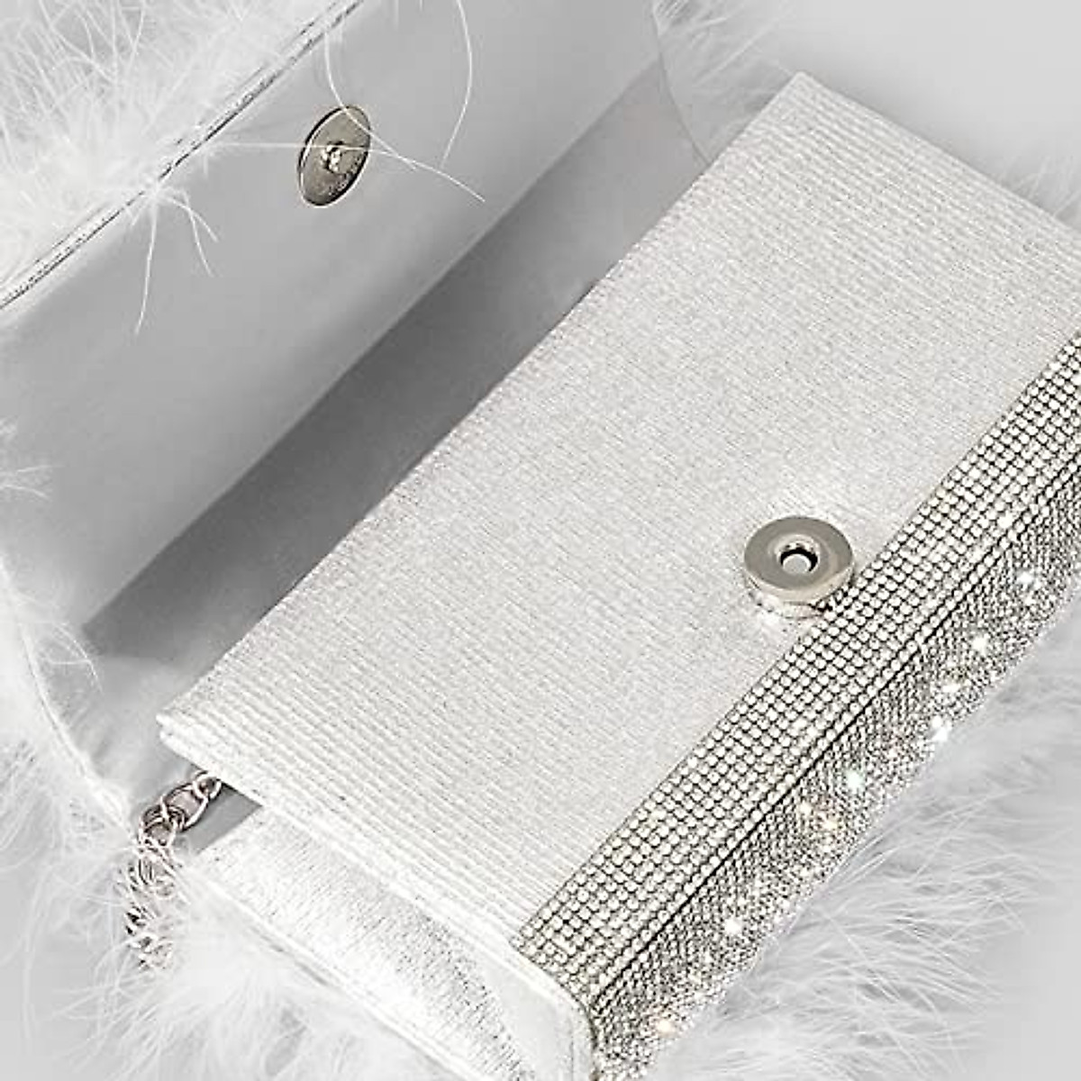 ATOLYE Sparkly Rhinestone Ostrich Feather Evening Clutch Bag, Women Shiny Handbag/Shoulder/Crossbody Bags for Wedding Party