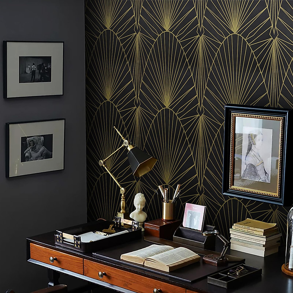 Yasinet Peel and Stick Wallpaper Black and Gold Wallpaper for Bathroom Removable Black Contact Paper Black Geometric Self Adhesive Wallpaper Decorative for Wall Cabinet 17.3”x118.7”