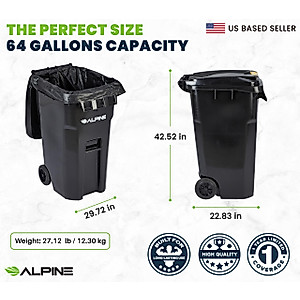 Alpine 64 Gallon Trash Can with Wheels - Large Heavy Duty Outdoor Trash Can with Lid, Rolling Trash Can Outdoor, Outside Wheeled Garbage Can for Residential and Commercial Use (Black)