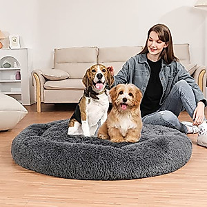 Bonteck Calming Dog Beds for Small Medium Large Dogs - Round Donut Machine Washable Dog Bed, Anti-Slip Faux Fur Fluffy Donut Cuddler Cat Bed, Multiple Sizes S-XL