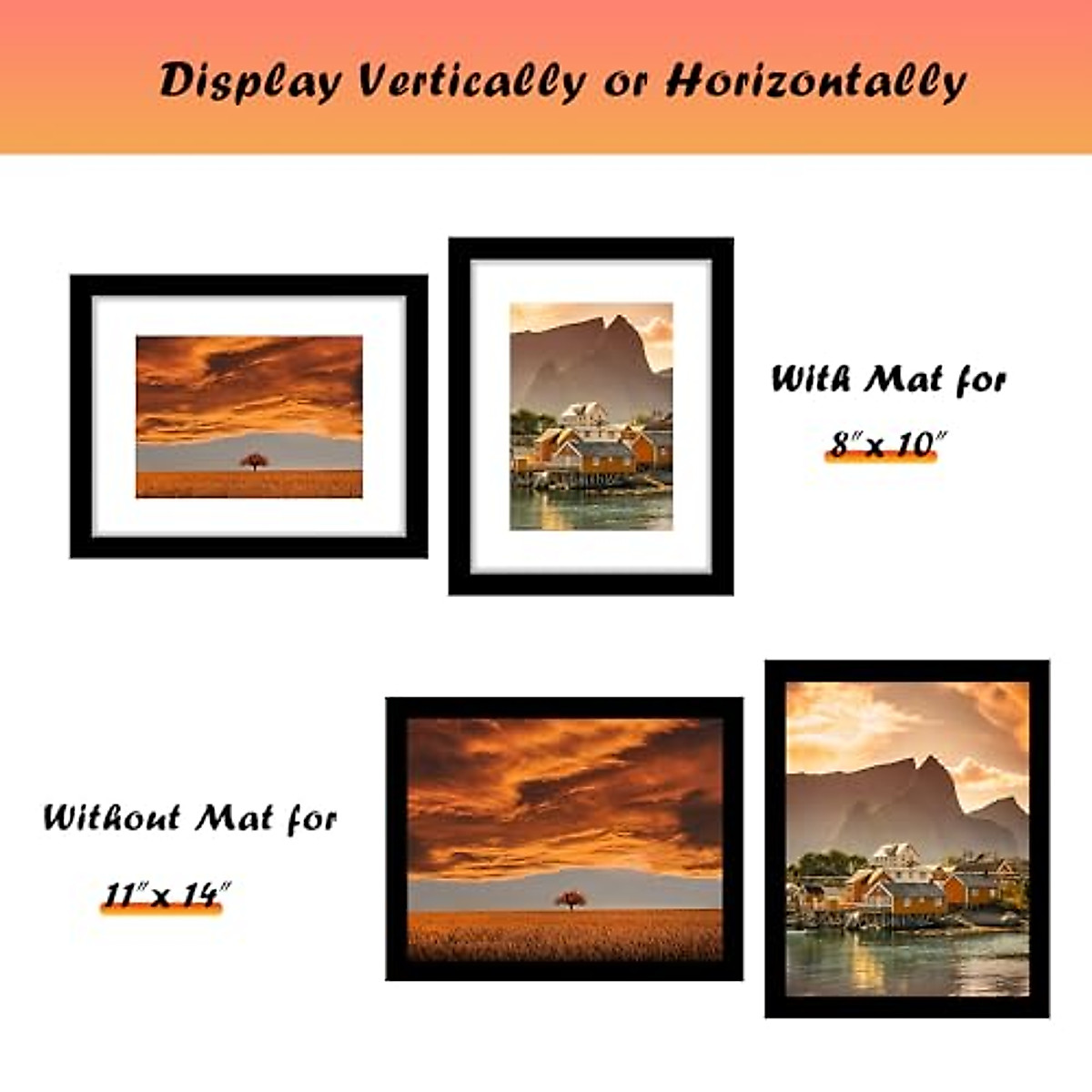 DUENPY 11x14 Picture Frame 8 Pack, Photo Frame for Wall Gallery Decor, Display Pictures 8 x 10 with Mat or 11 x 14 Without Mat, Black.