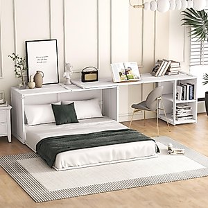 Mobile Cube Murphy Bed, Wood Queen Size Murphy Bed Chest with Rotable Desk, Space-Saving Folding Bed Floor Bed, Kids Adults Bedroom Furniture Queen Bed Multipurpose Cabinet Bed Murphy Bed (White Bed)