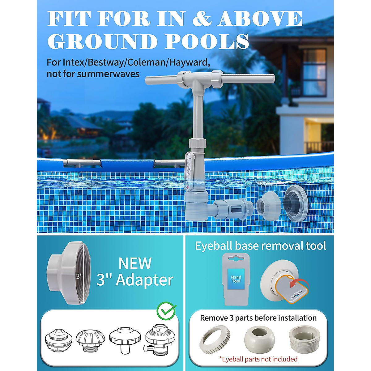 KLLEYNA Dual Spray Pool Fountains for Above-Inground Swimming-Pool - Adjustable Height 15-22",Pond Aerator Nozzle Summer Waterfall Cooler Outdoor Sprinkler for Intex/Bestway/Coleman/Hayward Return Jet