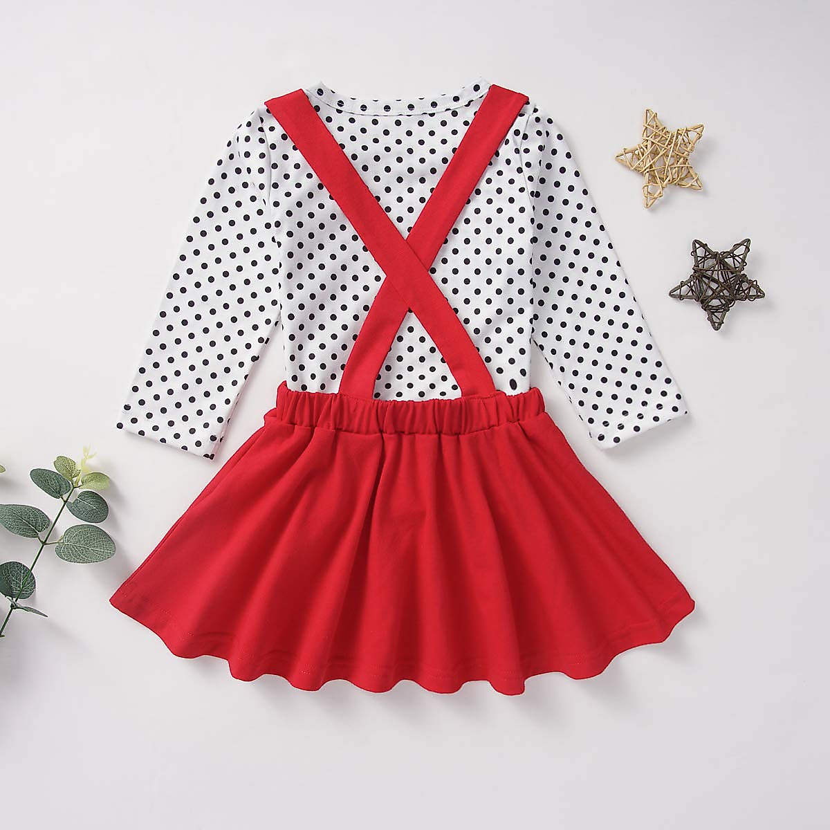 YOUNGER TREE Toddler Baby Girl Valentine's Day Outfit Long Sleeve Dot Heart Shirt Top+Suspender Strap Red Skirts Set(6M-5T) (Red, 3-4 y)
