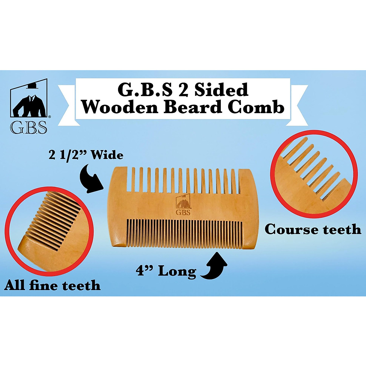 G.B.S 2 Sided Beard Comb - Pocket Sized Wooden Beard & Mustache Comb with Fine & Coarse Teeth - Perfect for Use with Beard Balms, Mustache Wax and Oils (Pack of 3)