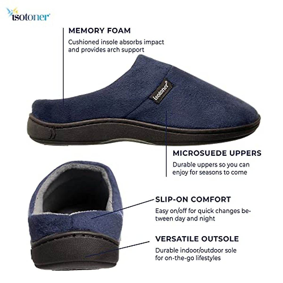 isotoner Men's Slippers, Open Back Slip On with Gel Infused Memory Foam, Indoor/Outdoor Sole and Skid Resistance