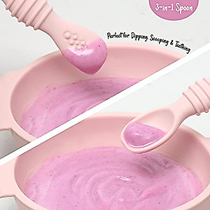 PrimaStella Unbreakable Silicone Non-Slip Bowl and Chew Spoon Set for Babies and Toddlers (Pink)