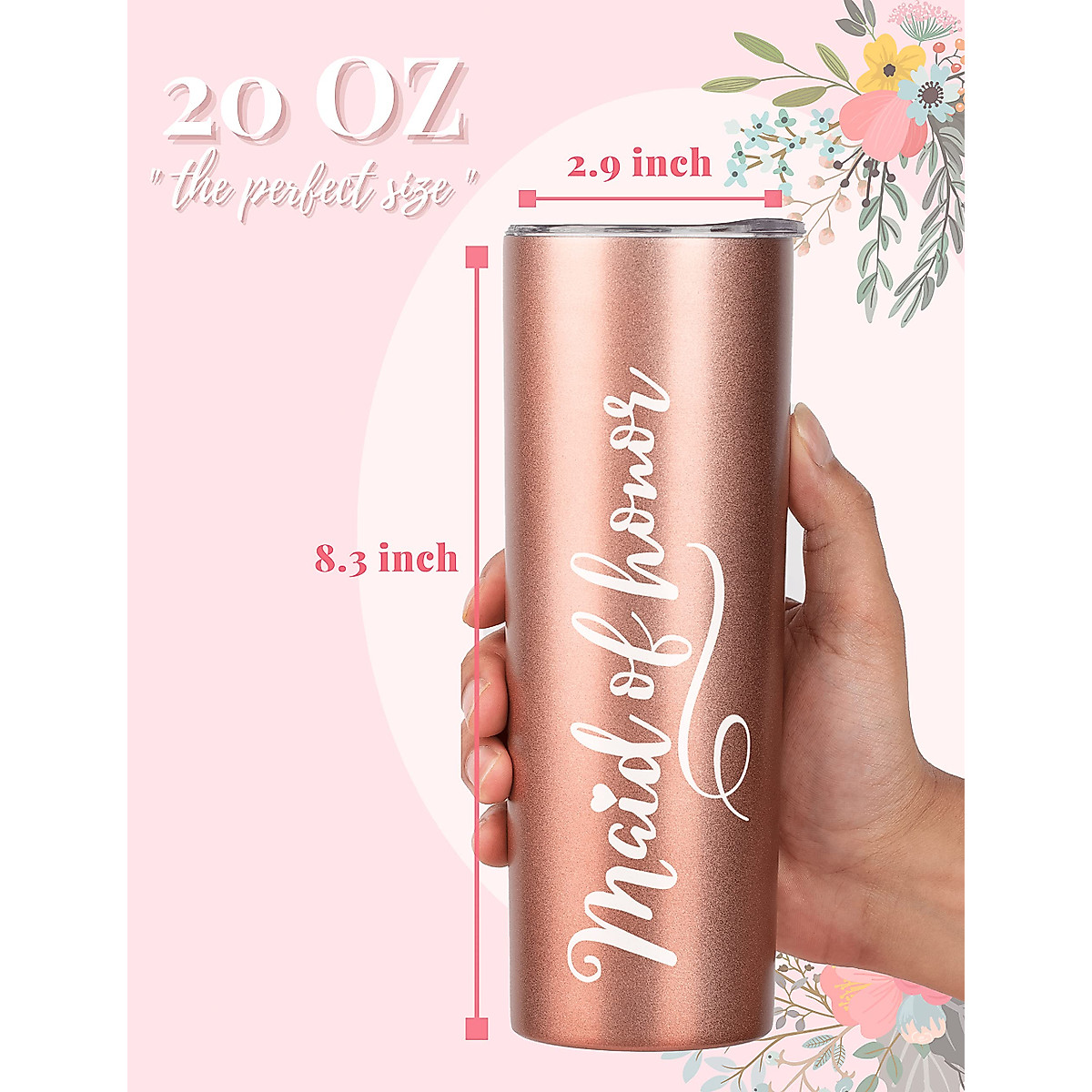 Onebttl Bridesmaid Gifts, Insulated Stainless Steel Tumblers with Lids and Straws, Maid of Honor Proposal Gifts, Bride Tribe, Bridal Party Gifts, 20 oz, Rose gold - Maid of Honor