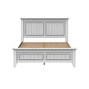 Modern Queen Size Platform Bed with Headboard ,Solid Wood Queen Bed Frame with Embellish Details,Bolivar Series Design,Country Queen Bed with Wooden Slat Support for Bedroom, White