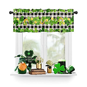 Curtain Valance for Windows St. Patrick's Day Clover Leaf Horseshoe Gold Kitchen Valances Rod Pocket Short Curtains,Black White Plaid Window Treatment Panel for Living Room Bathroom Bedroom 60x18in